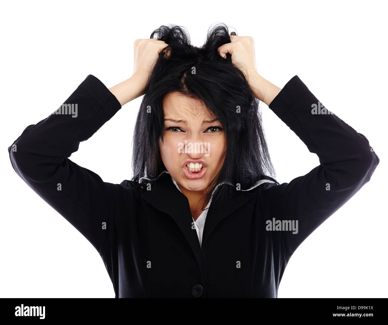 Frustrated businesswoman in closeup pose isolated on white background ...