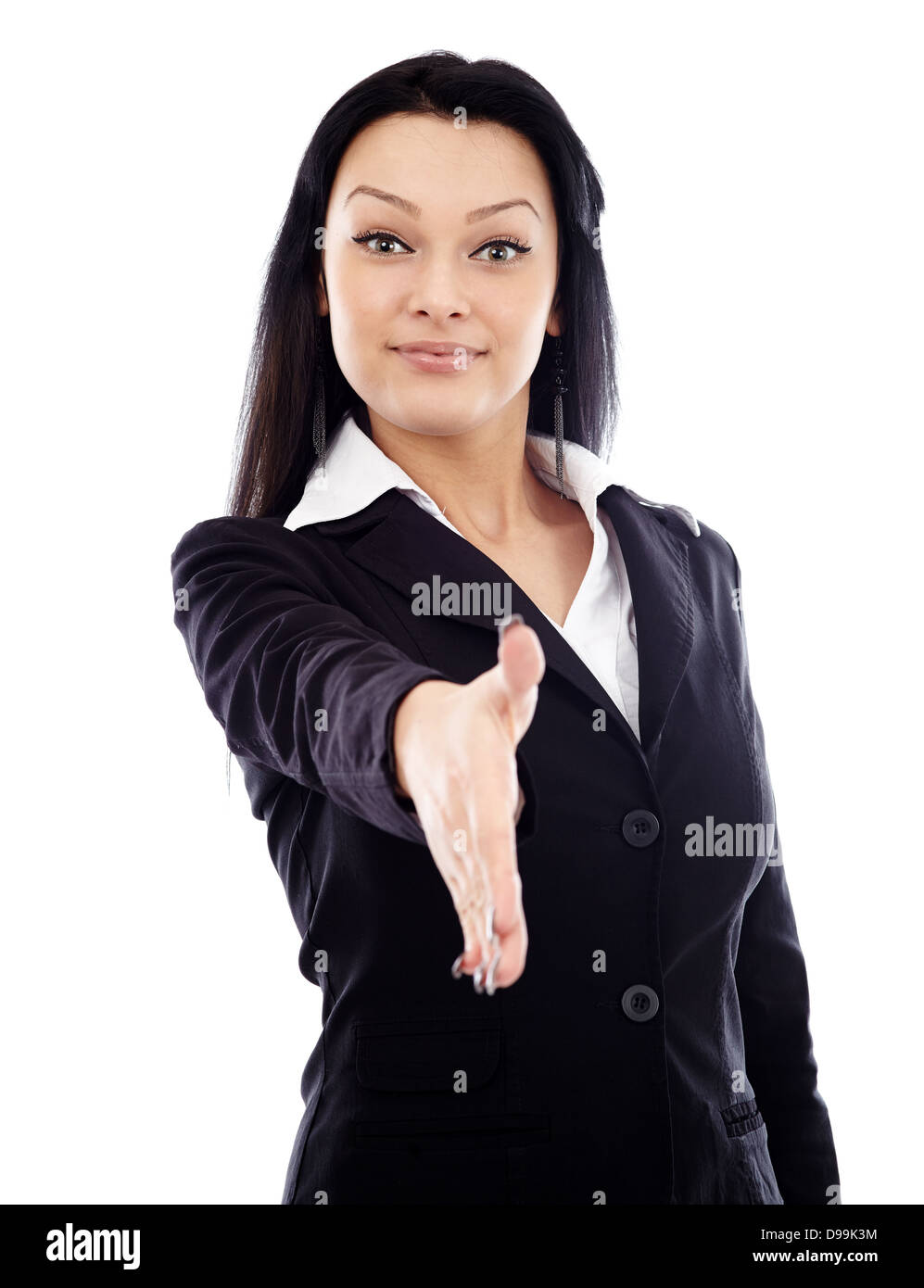Young businesswoman about to shake hands in full length pose, isolated ...