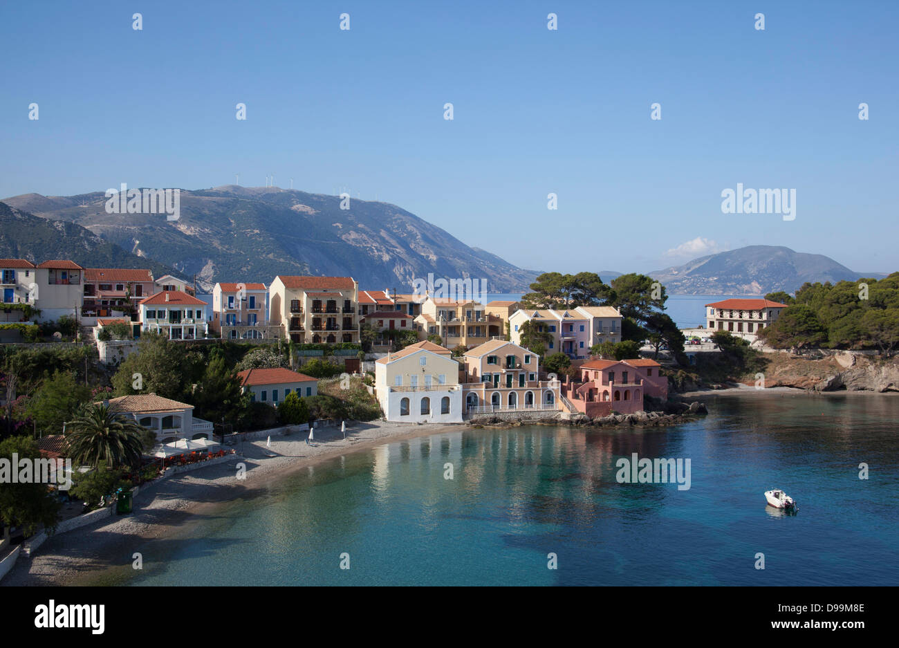 Assos beach Kefalonia Greek fishing village and mountains. Isthmus ...