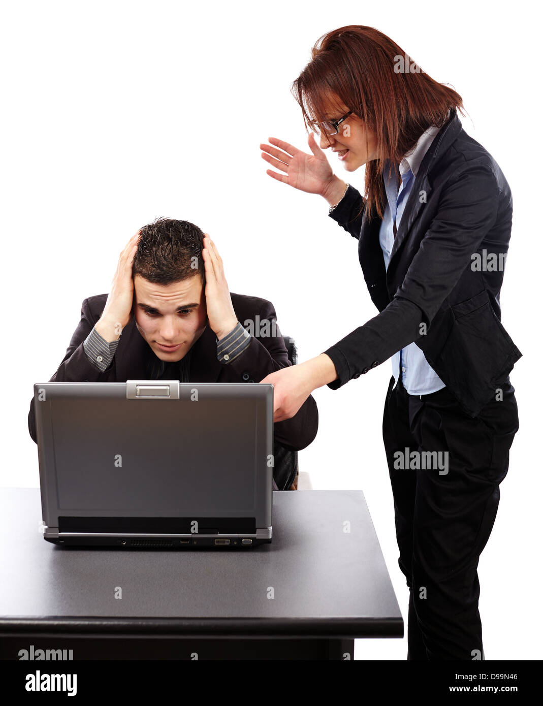 Angry businesswoman screaming at her employee and showing the mistakes ...