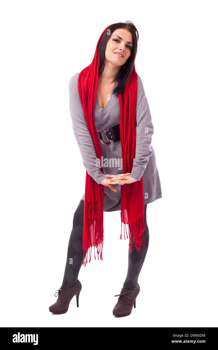 Full length portrait of a beautiful woman with long red scarf isolated ...