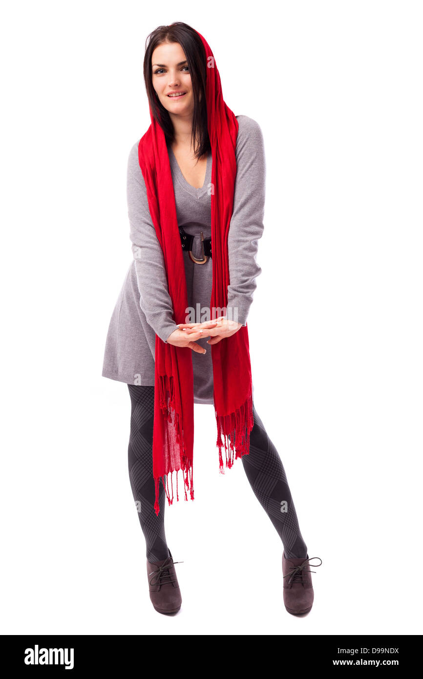 Full length portrait of a beautiful woman with long red scarf isolated ...