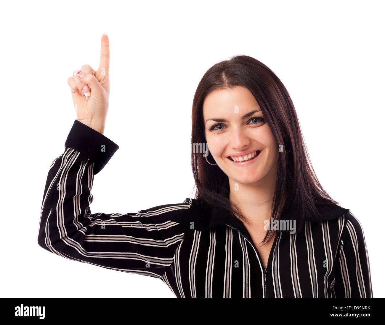 Closeup portrait of a young businesswoman pointing up at copyspace ...