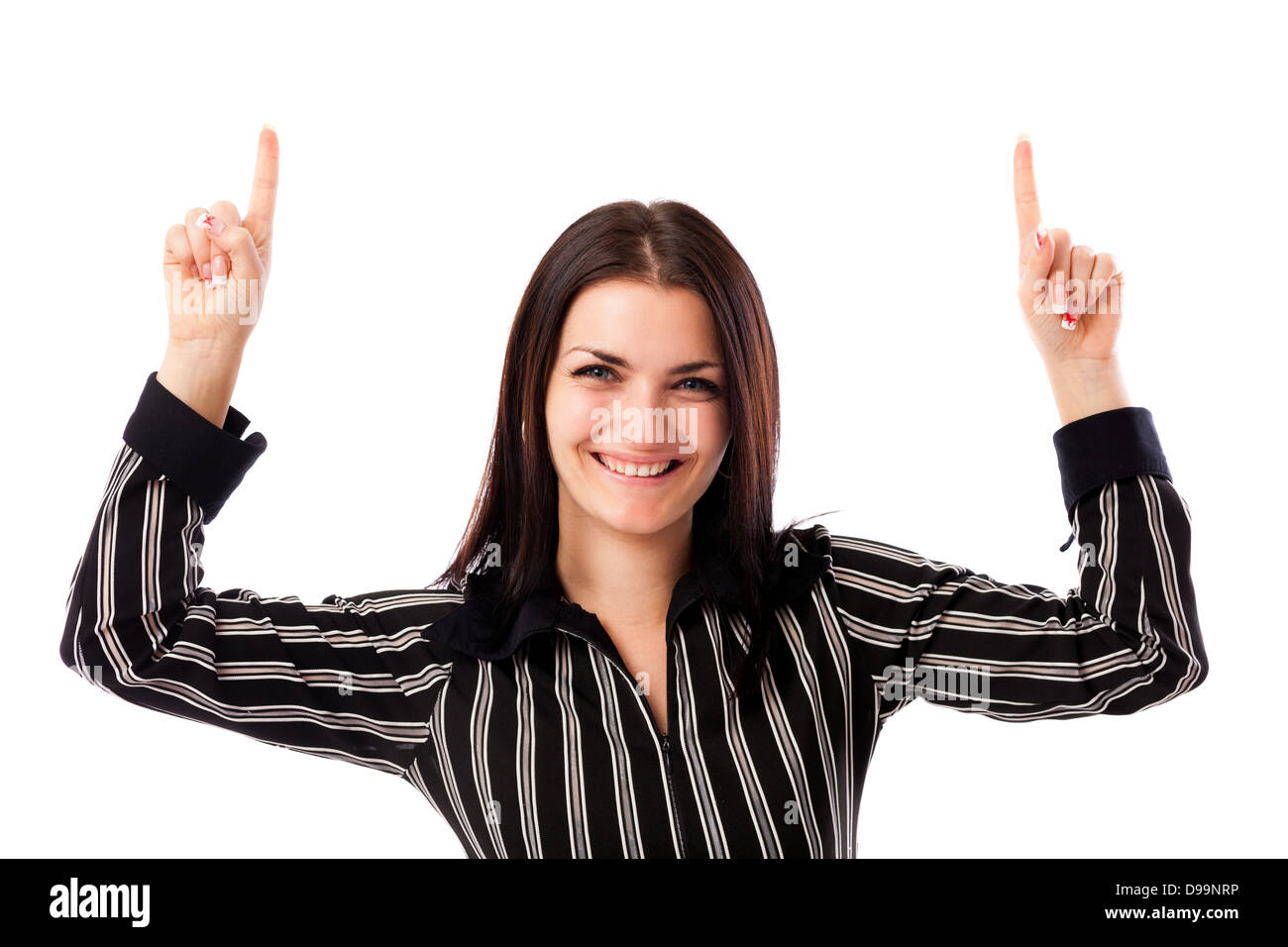 Closeup portrait of a young businesswoman pointing up at copyspace ...