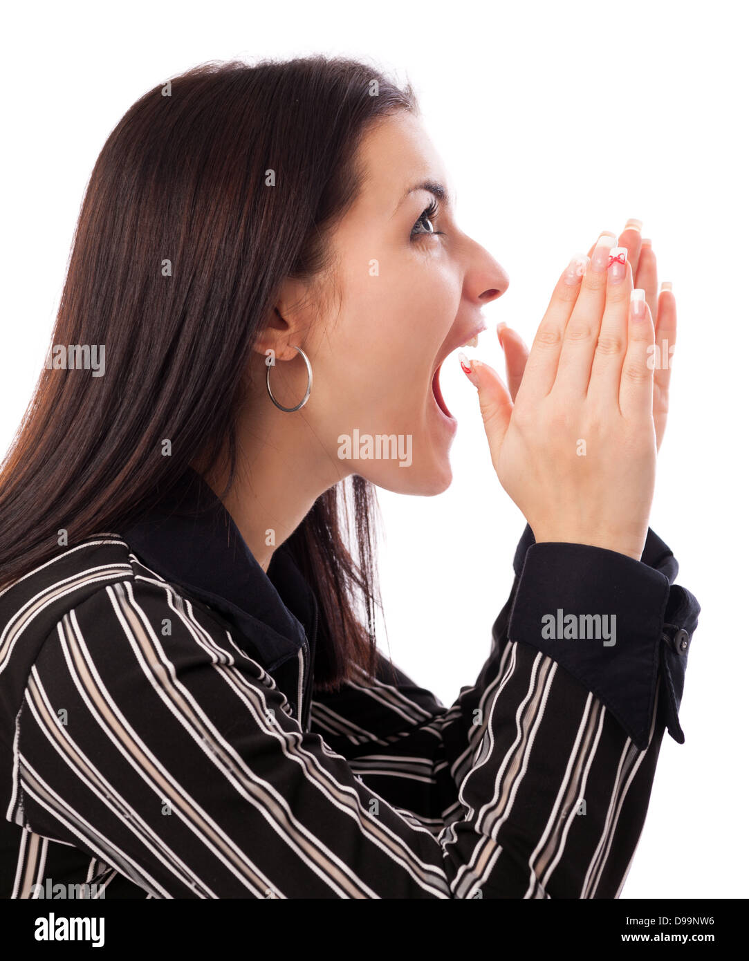 Closeup portrait of a businesswoman yelling isolated on white ...