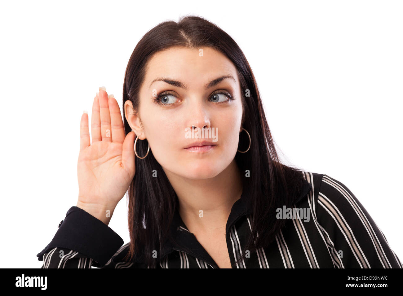 Closeup portrait of a young businesswoman listening isolated on white ...