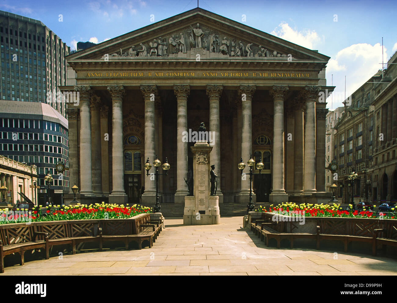 Classical facade of the Royal Exchange in the City of London designed ...