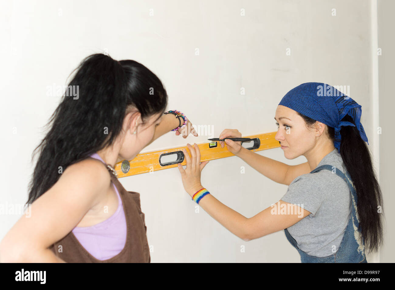 Portrait of woman explaining how to use spirit level to female ...