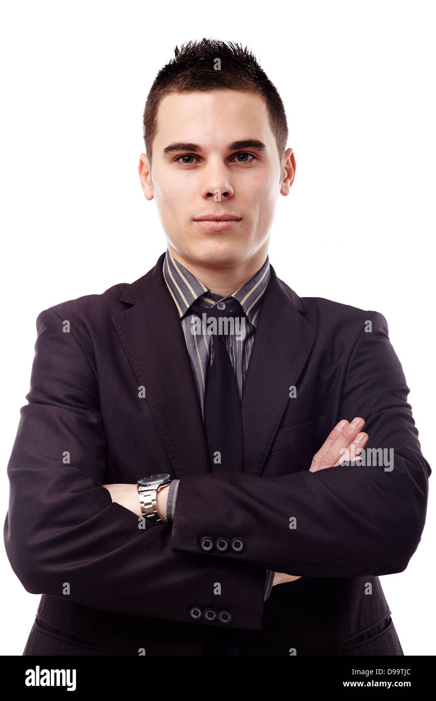 Closeup pose of a serious young businessman, isolated over white ...
