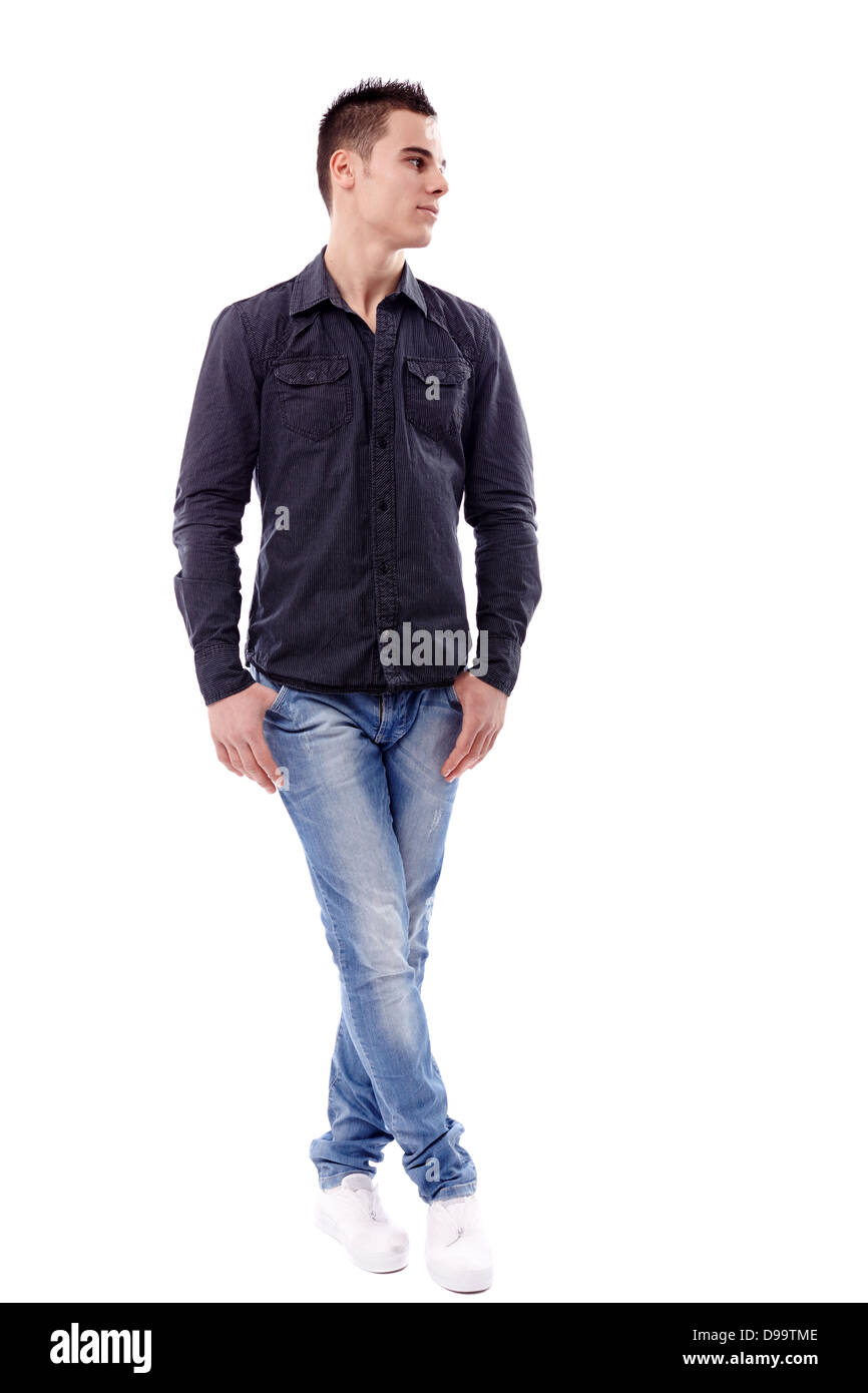 Young man standing in full length pose, isolated on white background ...