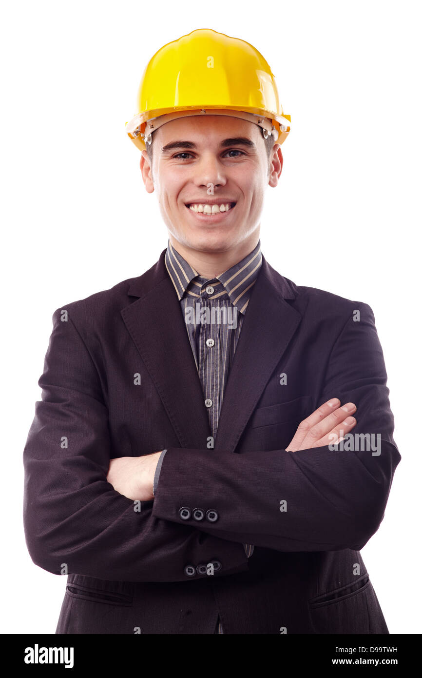 Closeup portrait of happy engineer wearing a protection helmet ...
