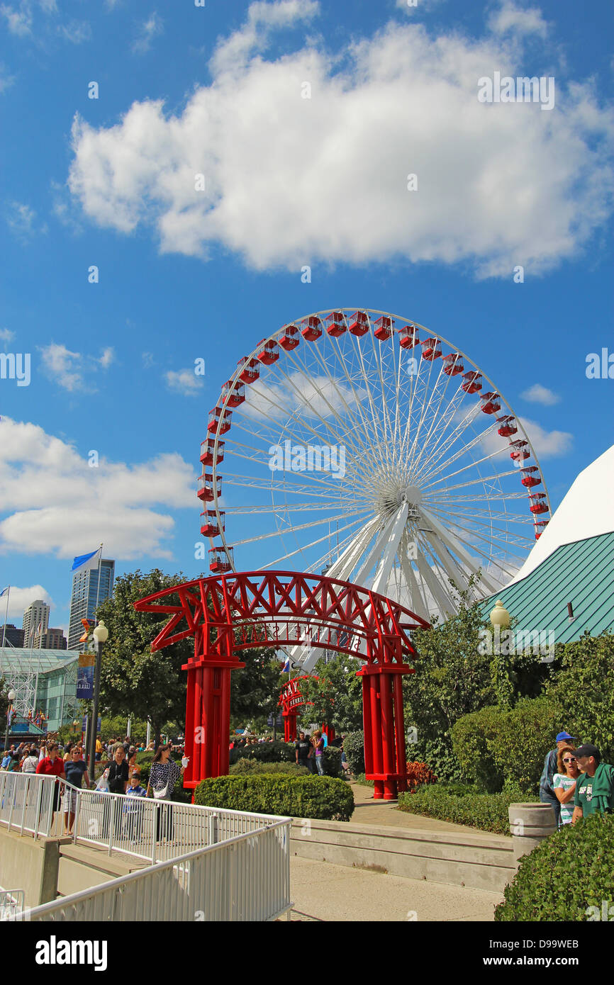 Ferris wheel sign and partial cityscape of Chicago, Illinois, at Navy ...