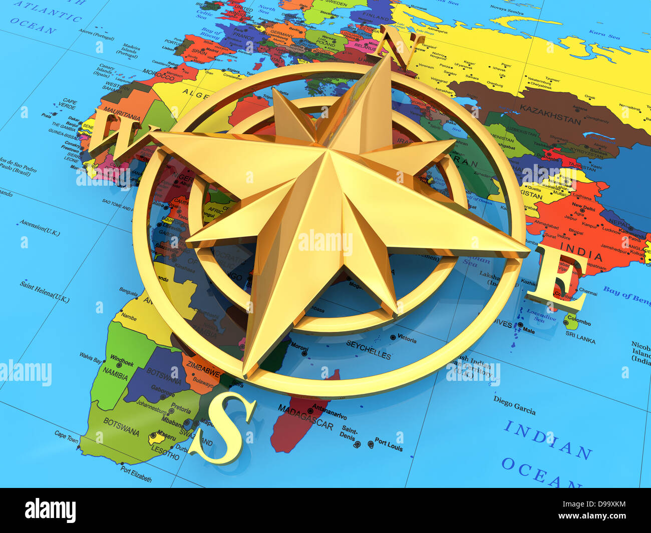 Navigation sign or compass on political map. 3d Stock Photo - Alamy