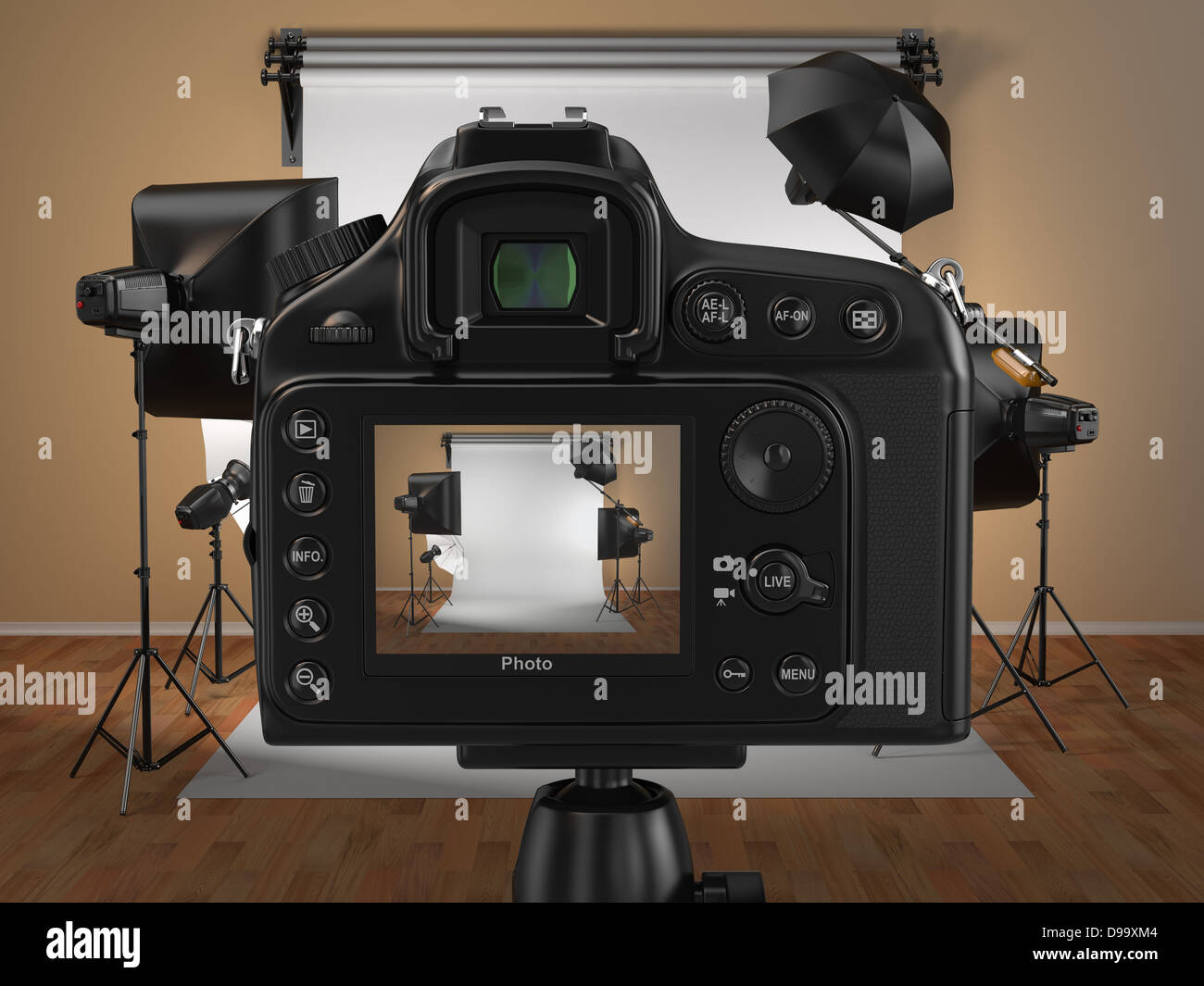 Digital photo camera in studio with softbox and flashes. 3d Stock Photo ...