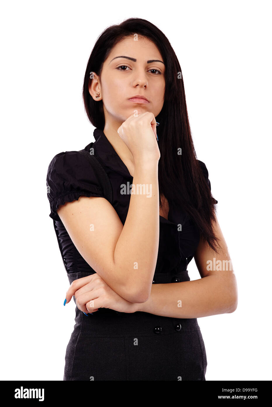Closeup pose of a pensive businesswoman, hand at chin, isolated on ...