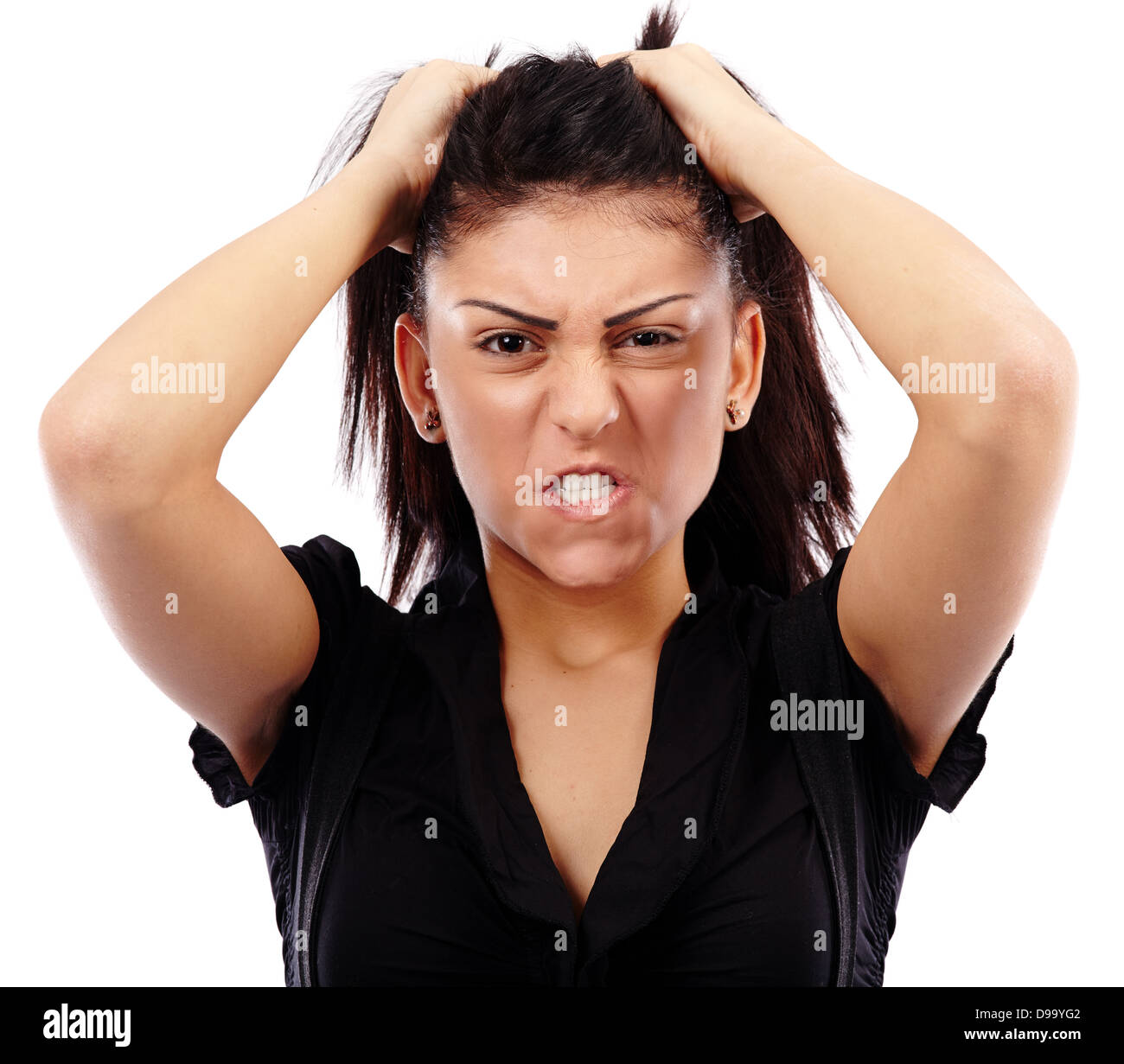 Closeup pose of an angry businesswoman pulling her her, isolated on ...