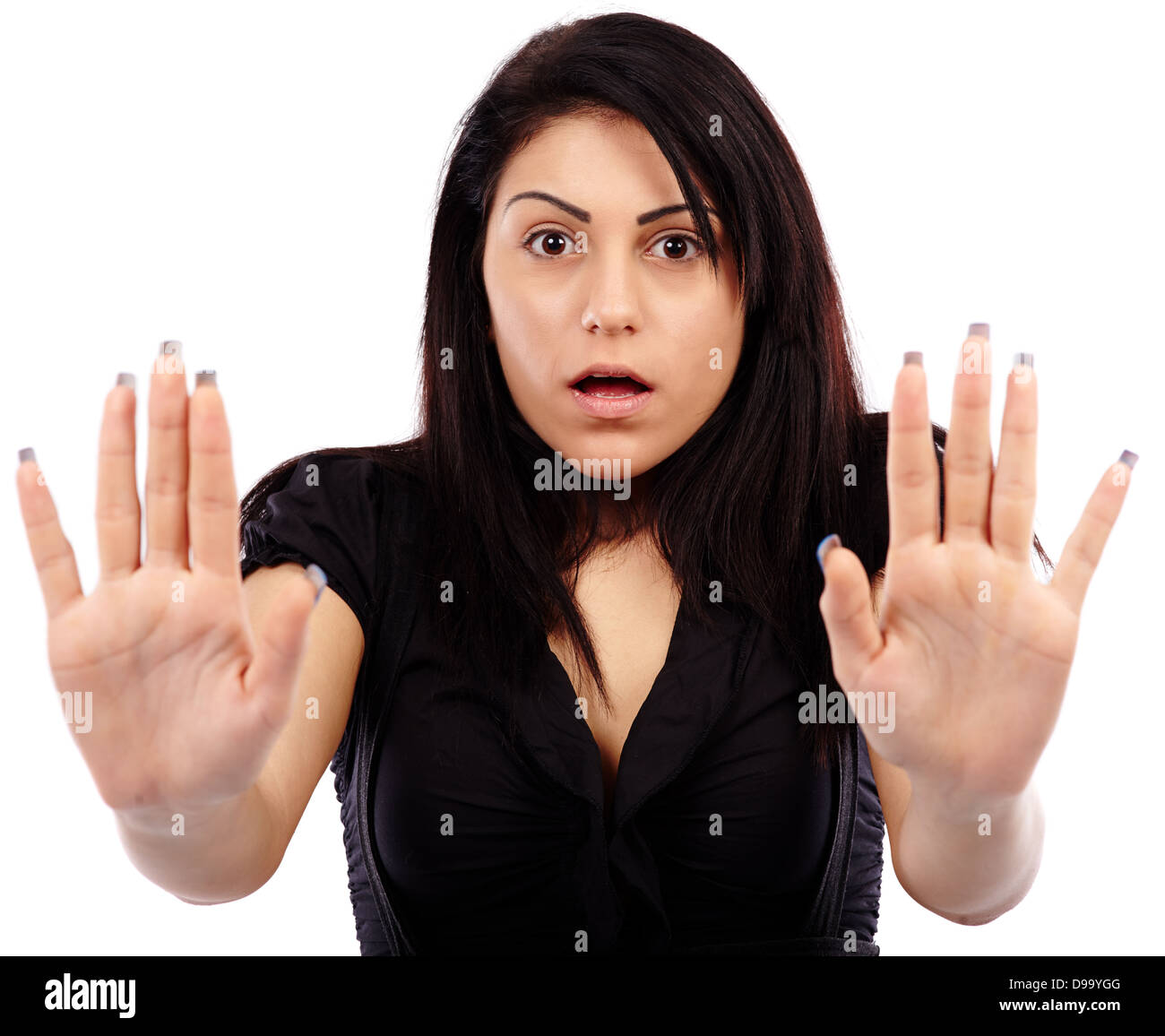 Closeup pose of a terrified young woman, isolated on white background ...