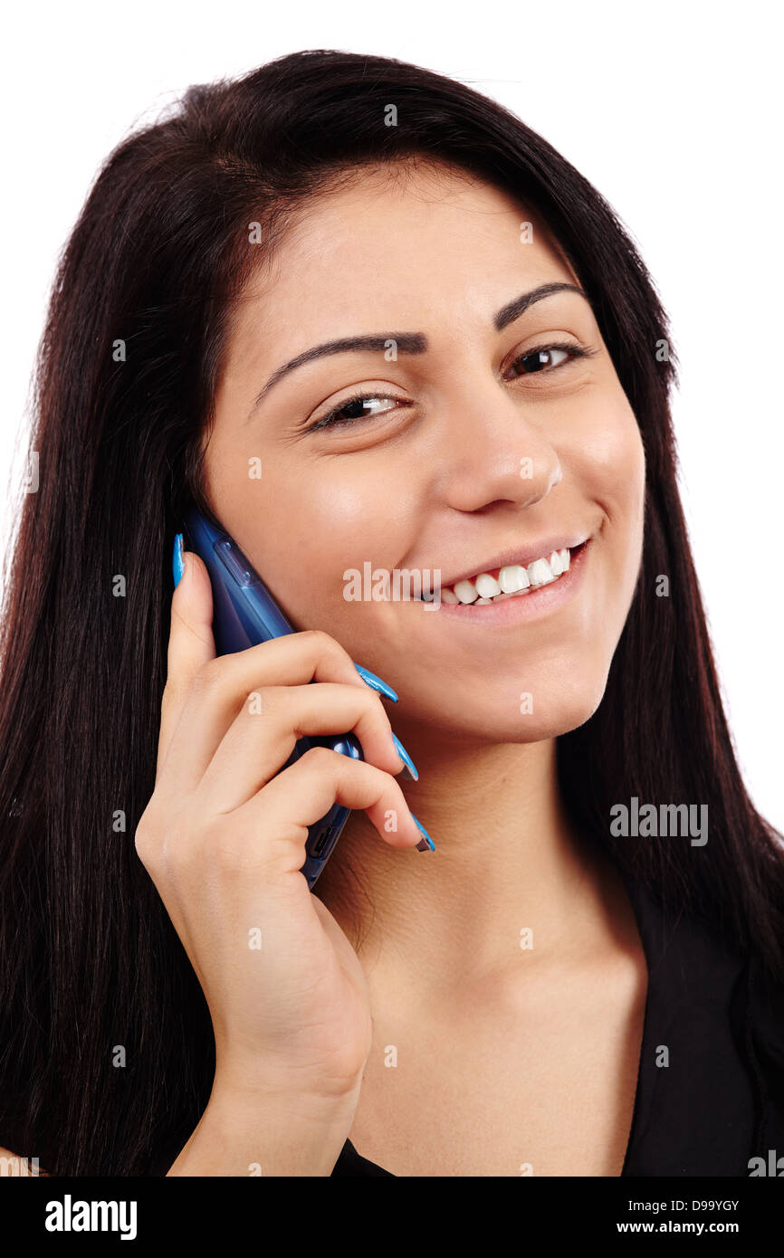 Young Latin woman talking on the phone in closeup pose, isolated on ...