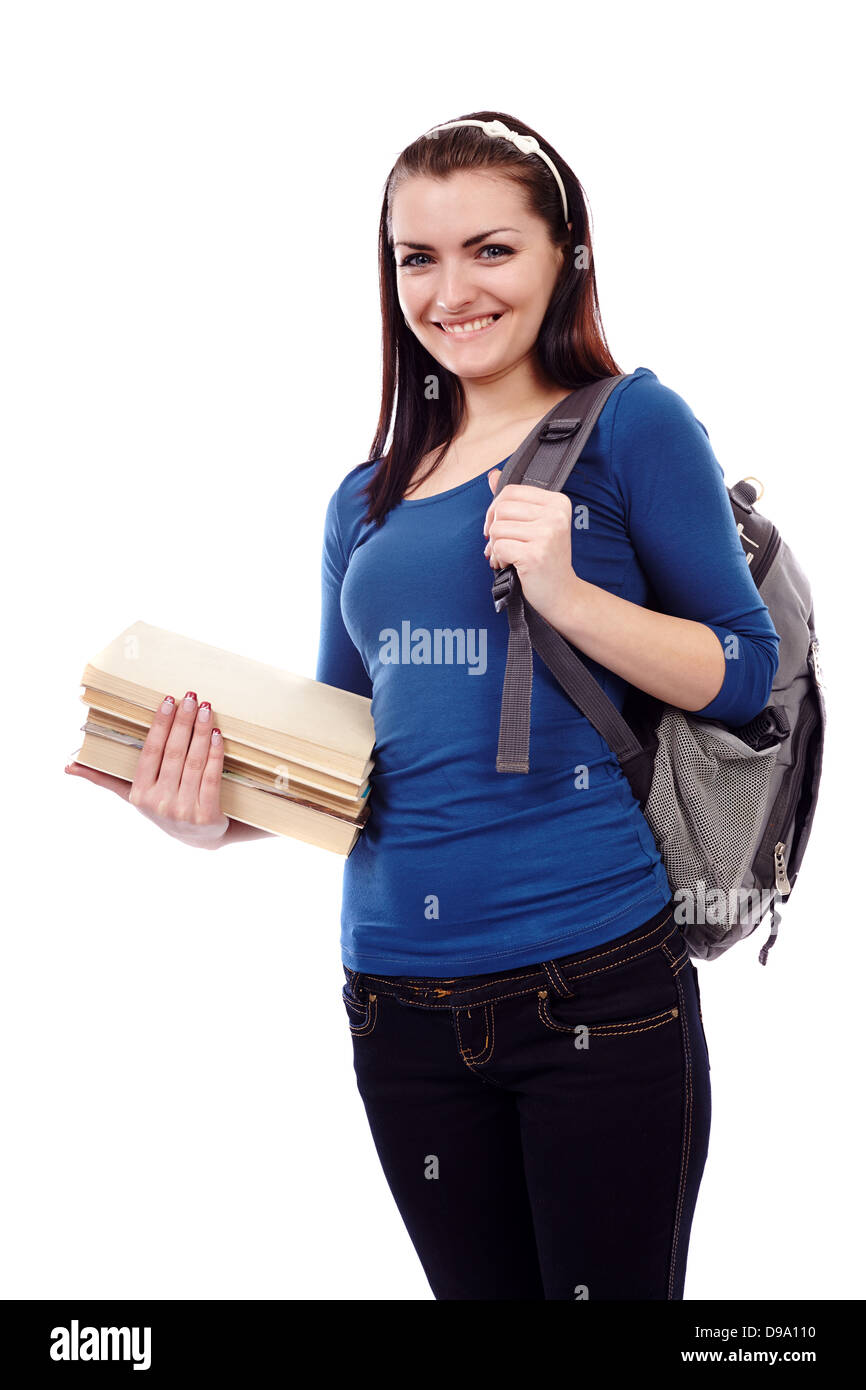 Portrait of a student with backpack and books isolated on white ...