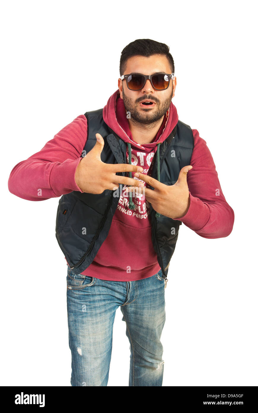 Hip hop man gesturing and sing isolated on white background Stock Photo ...