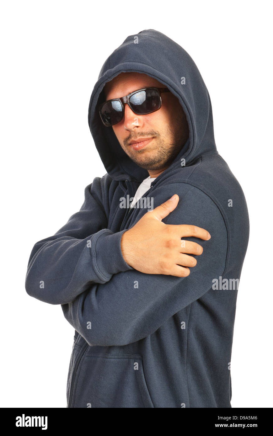 Rapper male with hood and sunglasses posing in semi profile isolated on ...