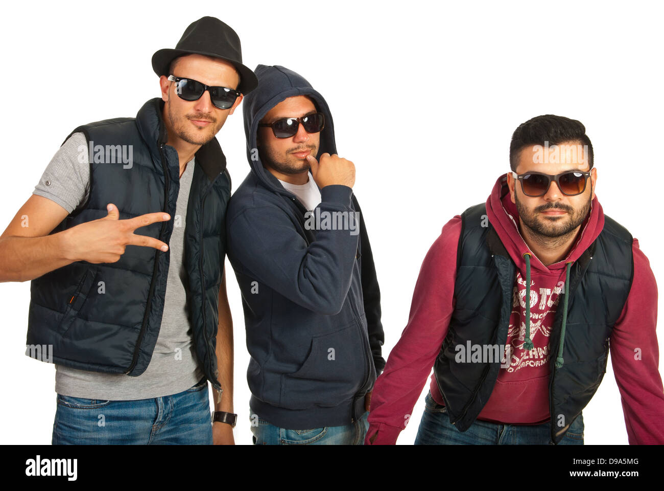 Group of three break dancers men with sunglasses gesturing isolated on ...