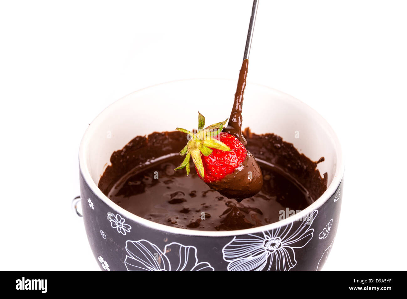 Chocolate fondue with fruits isolated on white background Stock Photo ...
