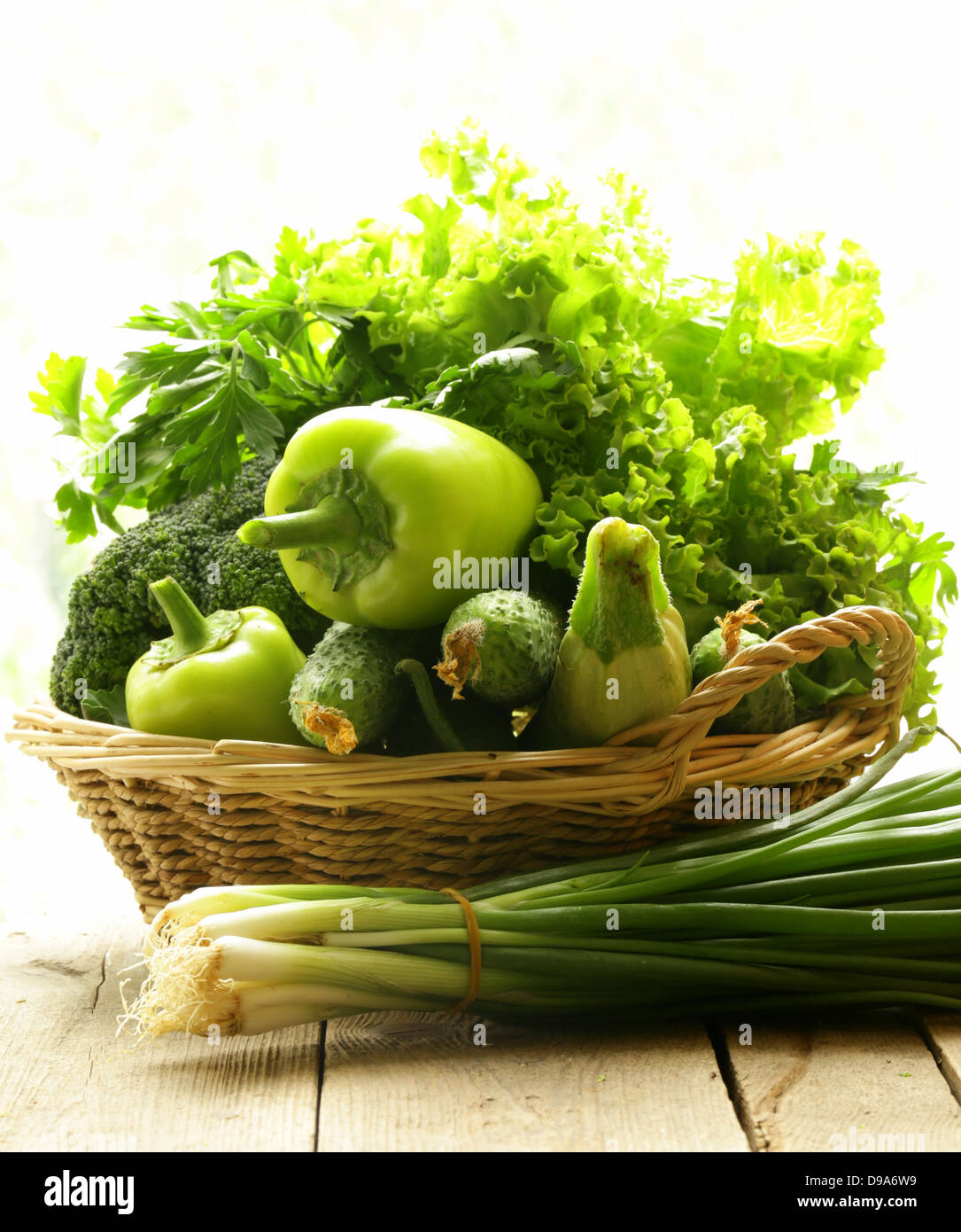 various green vegetables (peppers, broccoli, cucumbers, green onions ...
