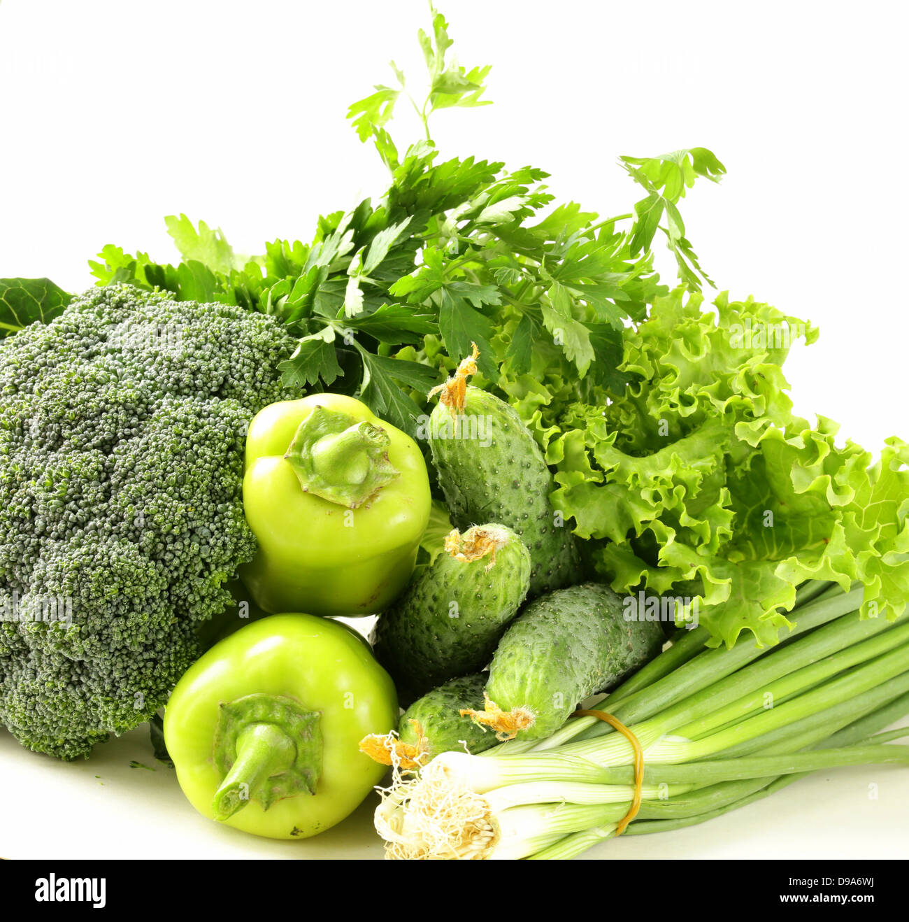 various green vegetables (peppers, broccoli, cucumbers, green onions ...