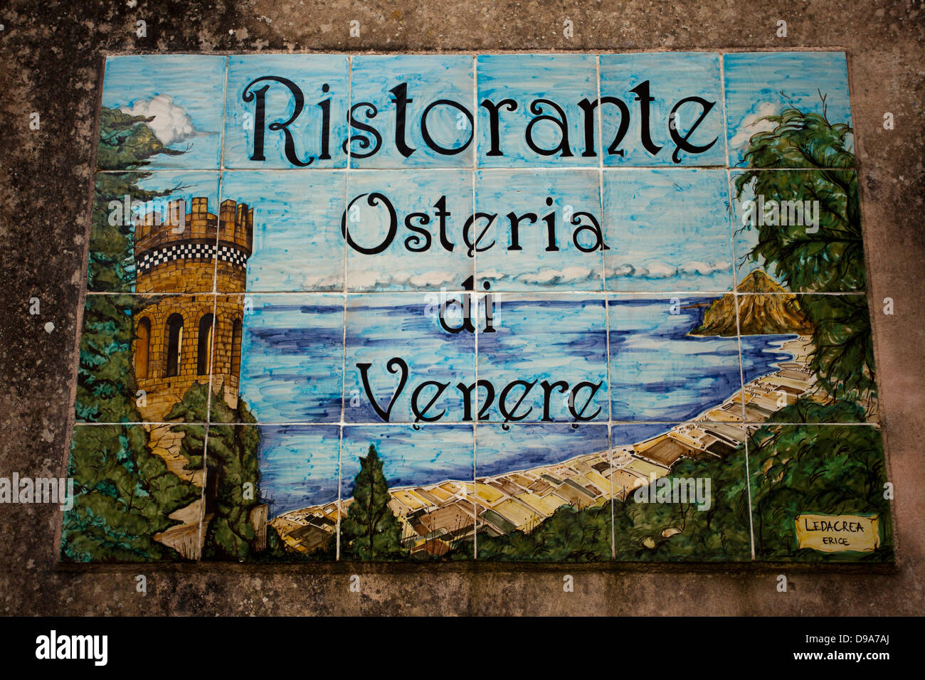 A Restaurant sign of the "Osteria di Venere Restaurant" in Erice ...