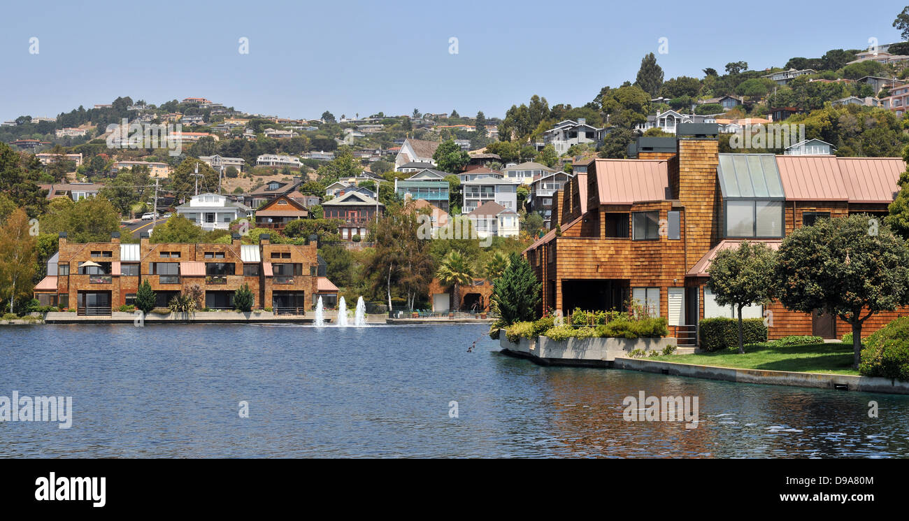 Contemporary housing development alongside a lagoon, close to the ...