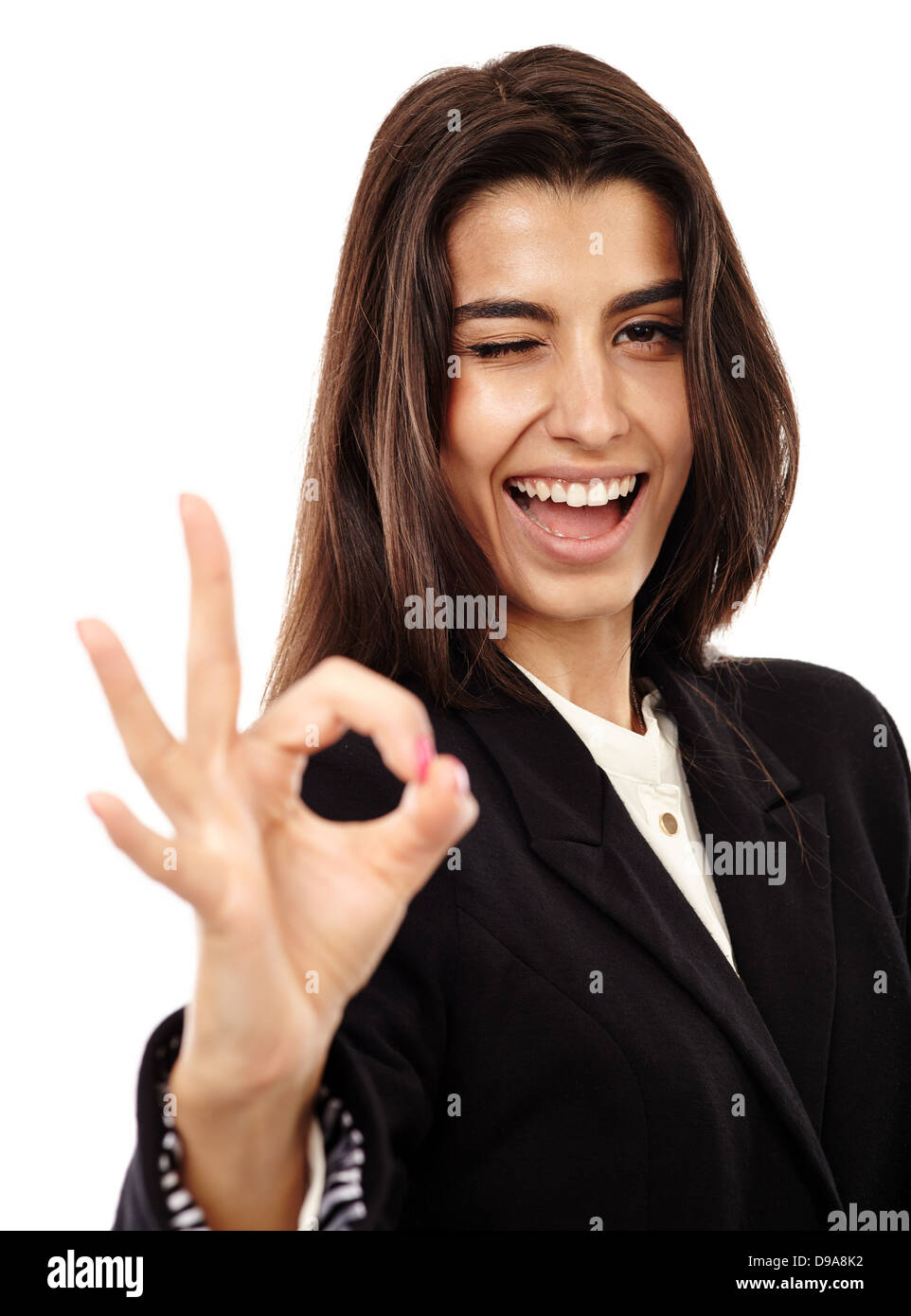 Happy young Middle Eastern businesswoman making OK sign isolated on ...