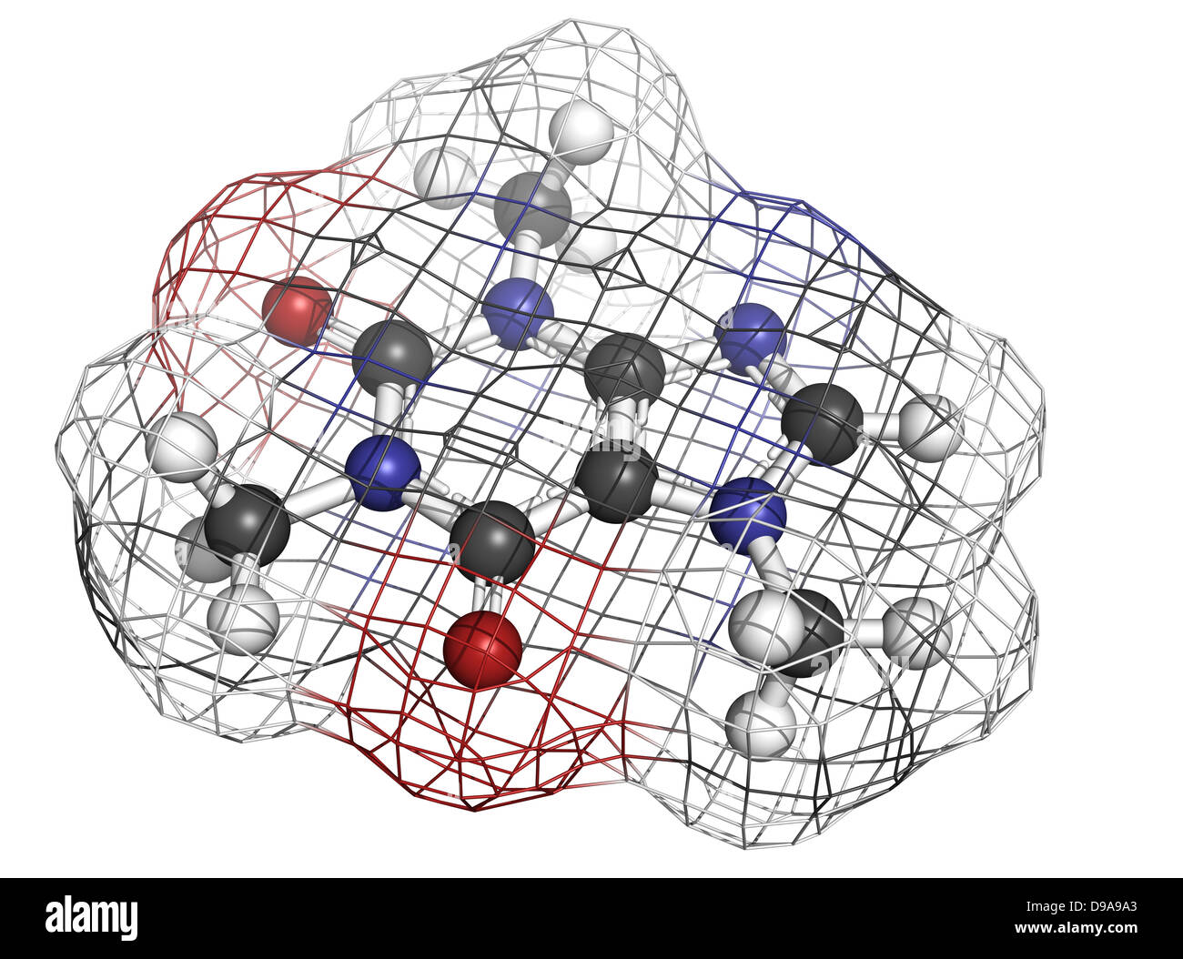 Caffeine, molecular model. Atoms are represented as spheres with ...