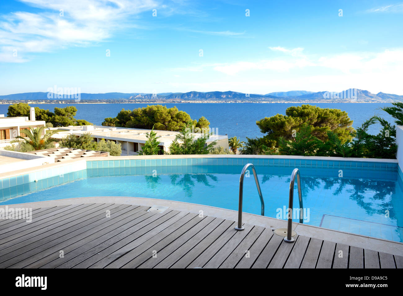 Sea view swimming pool in the luxury hotel, Peloponnes, Greece Stock ...