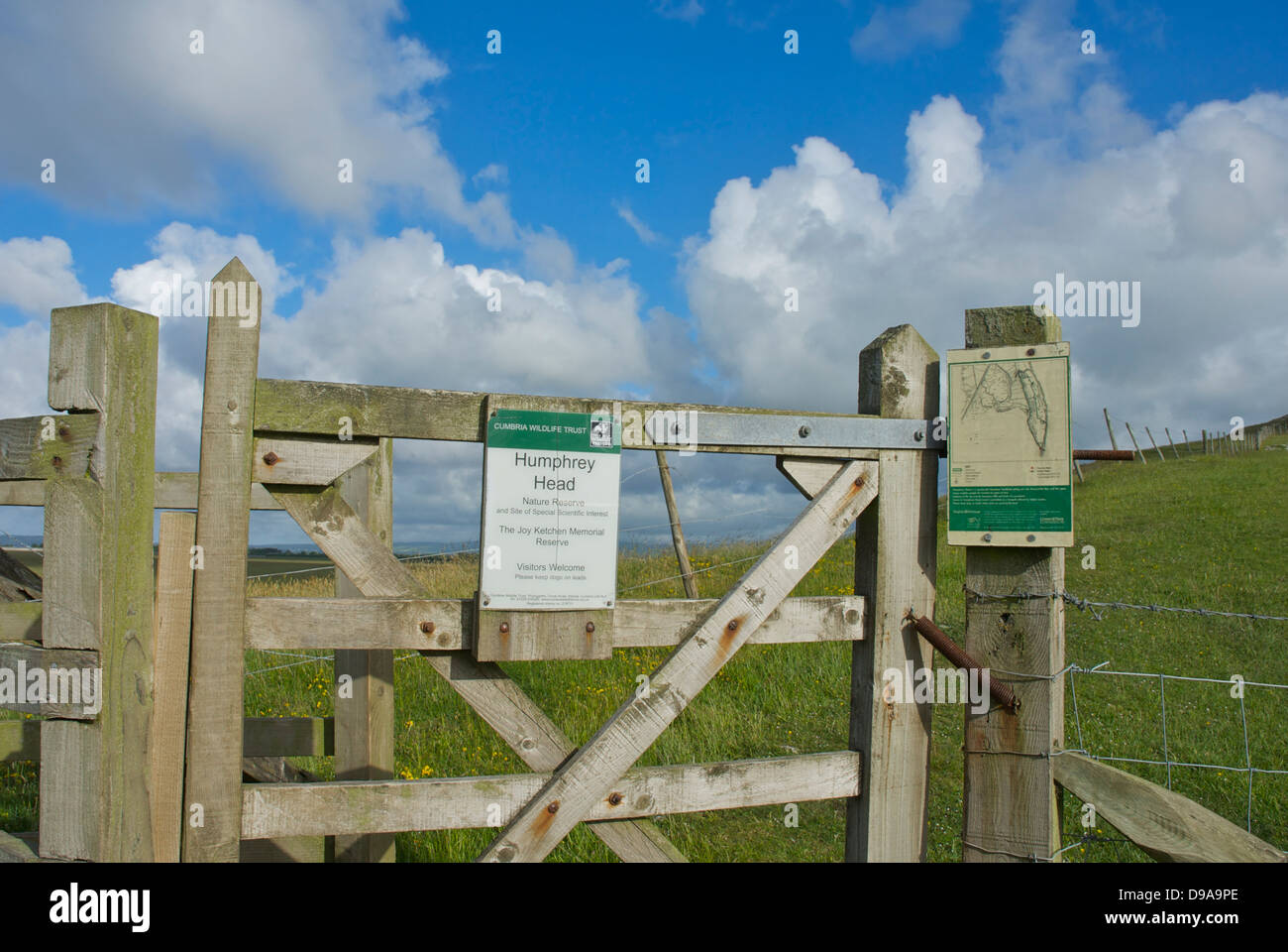 Sign on gate at the limestone outcrop of Humphrey Head, near Grange ...