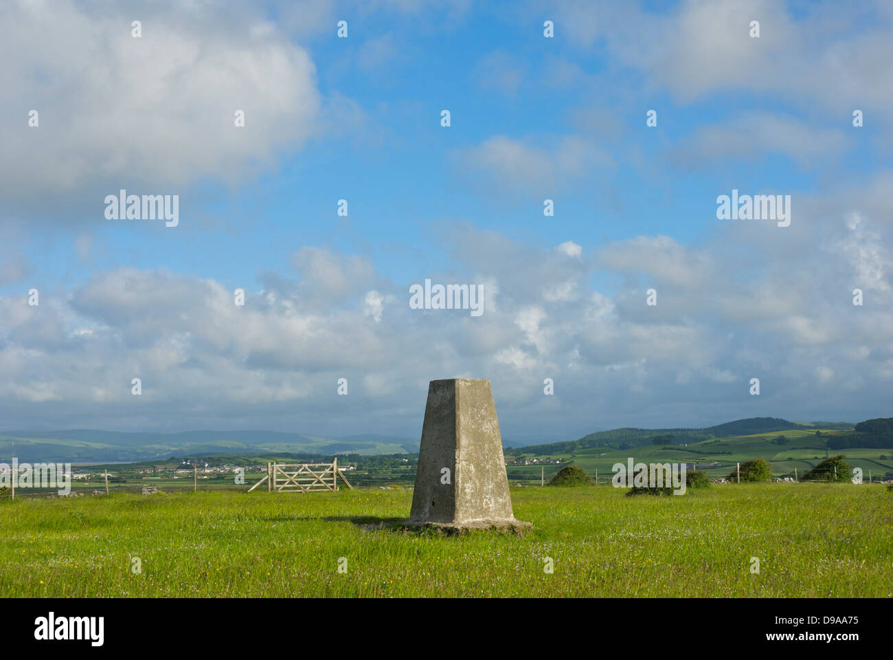 Trig point on the limestone outcrop of Humphrey Head, near Grange-over ...