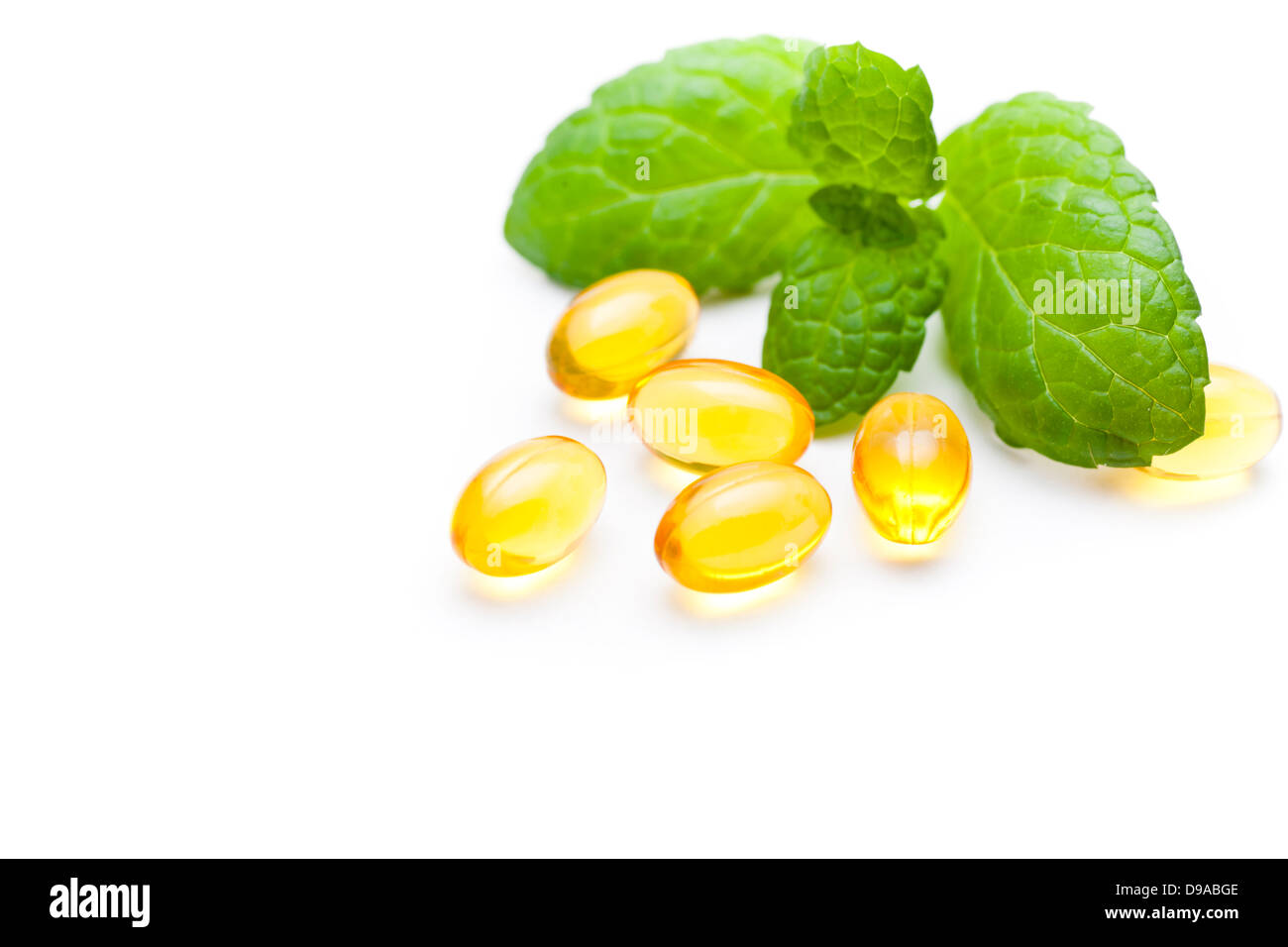 Fish oil nutritional supplement capsules on white background Stock ...