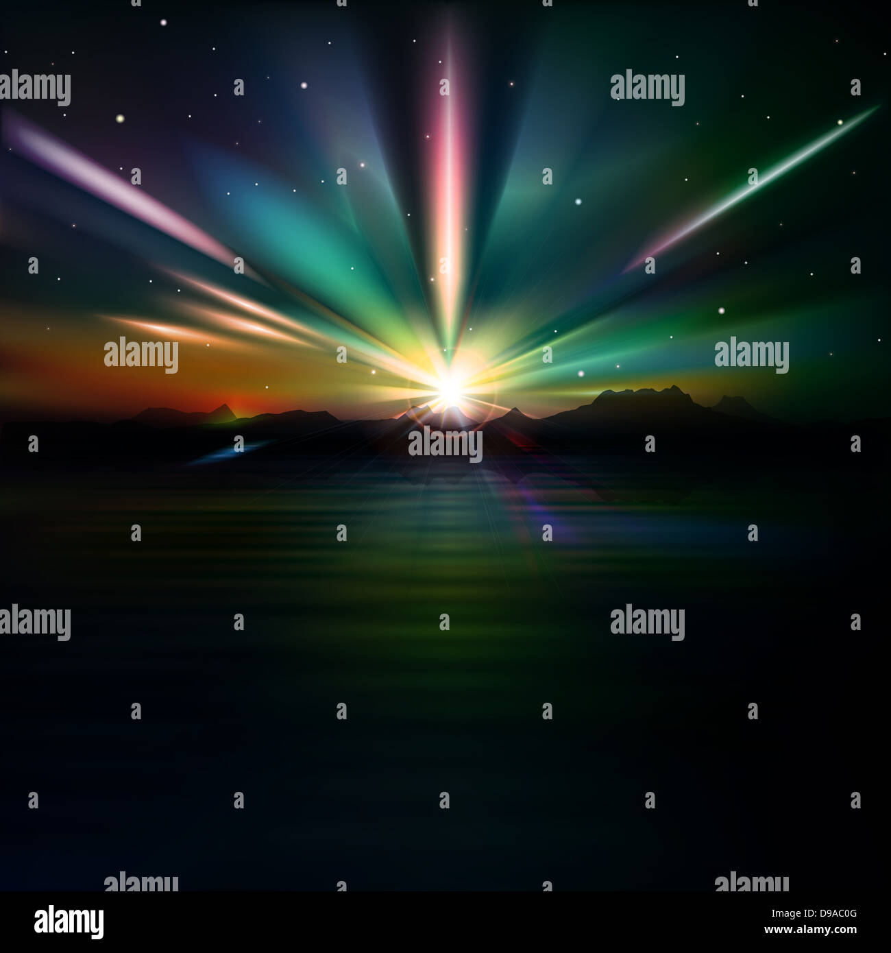 abstract blue sunrise background with mountains and stars Stock Photo ...