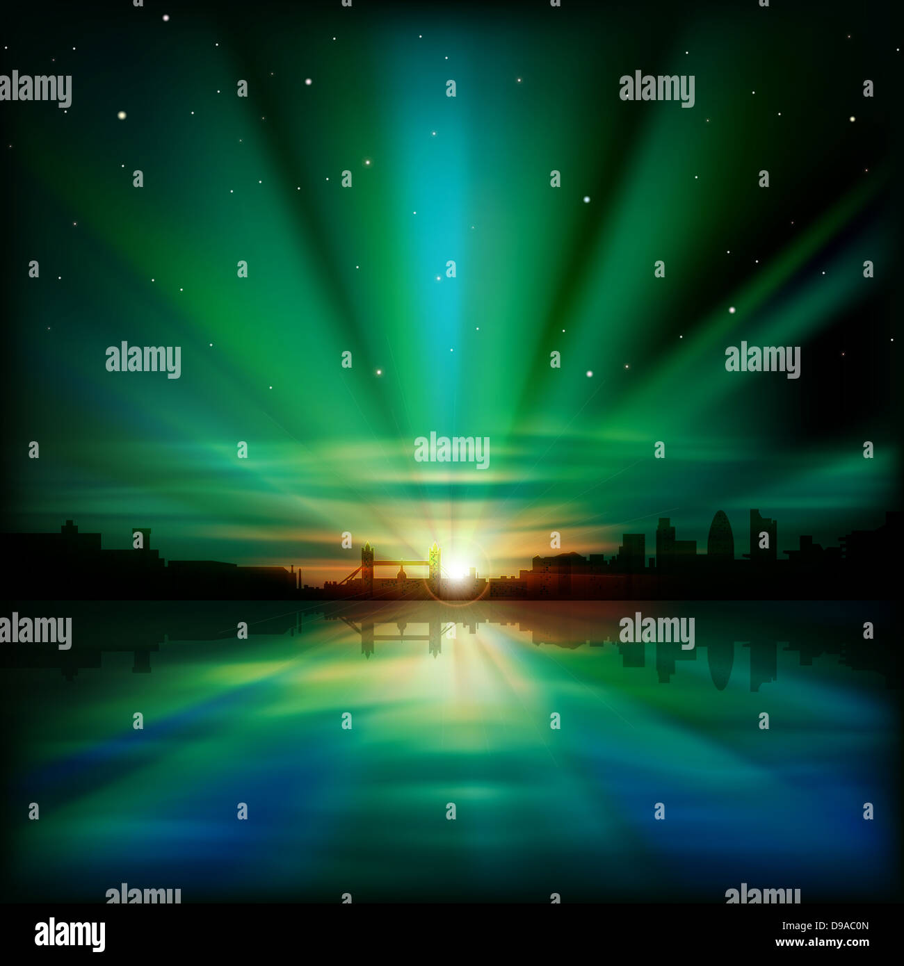 abstract green background with silhouette of London and sunrise Stock ...