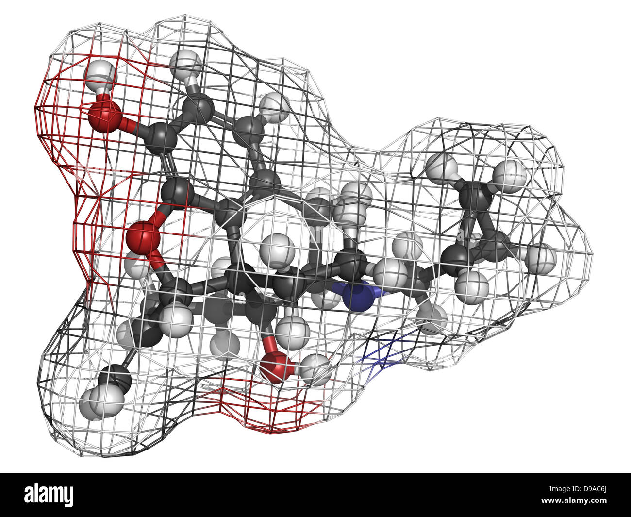 Nalmefene alcoholism treatment drug, molecular model. Atoms are ...