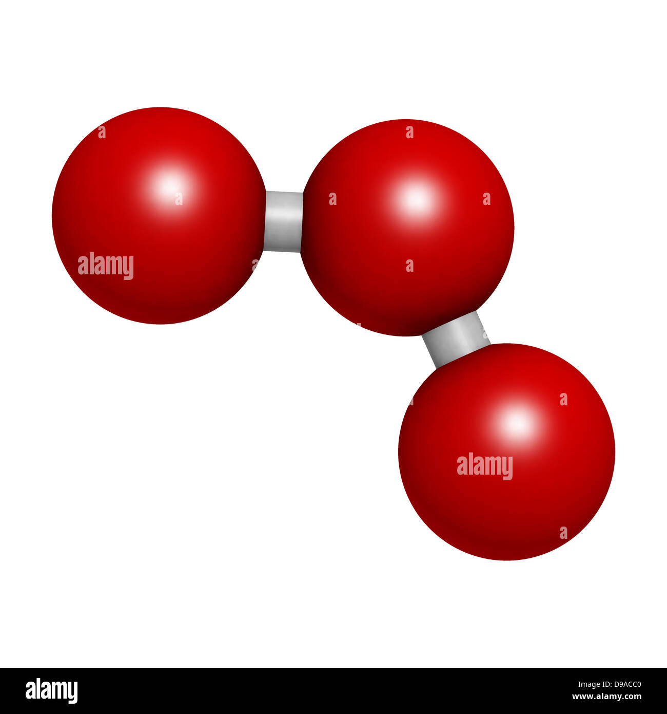 Ozone (trioxygen, O3) molecule, chemical structure. Atoms are ...