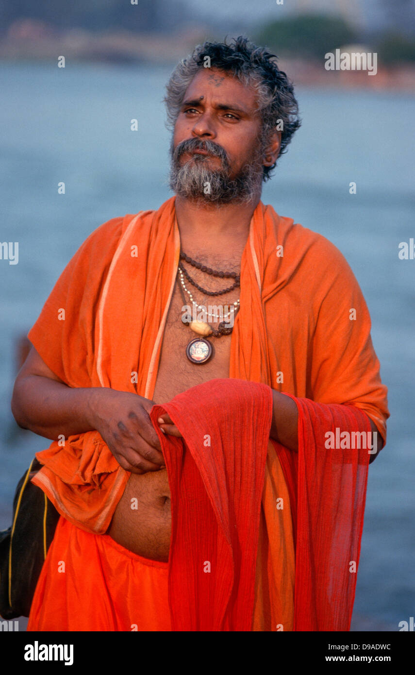 Male pilgrim by the Ganges river, Haridwar, Uttarakhand state, India ...