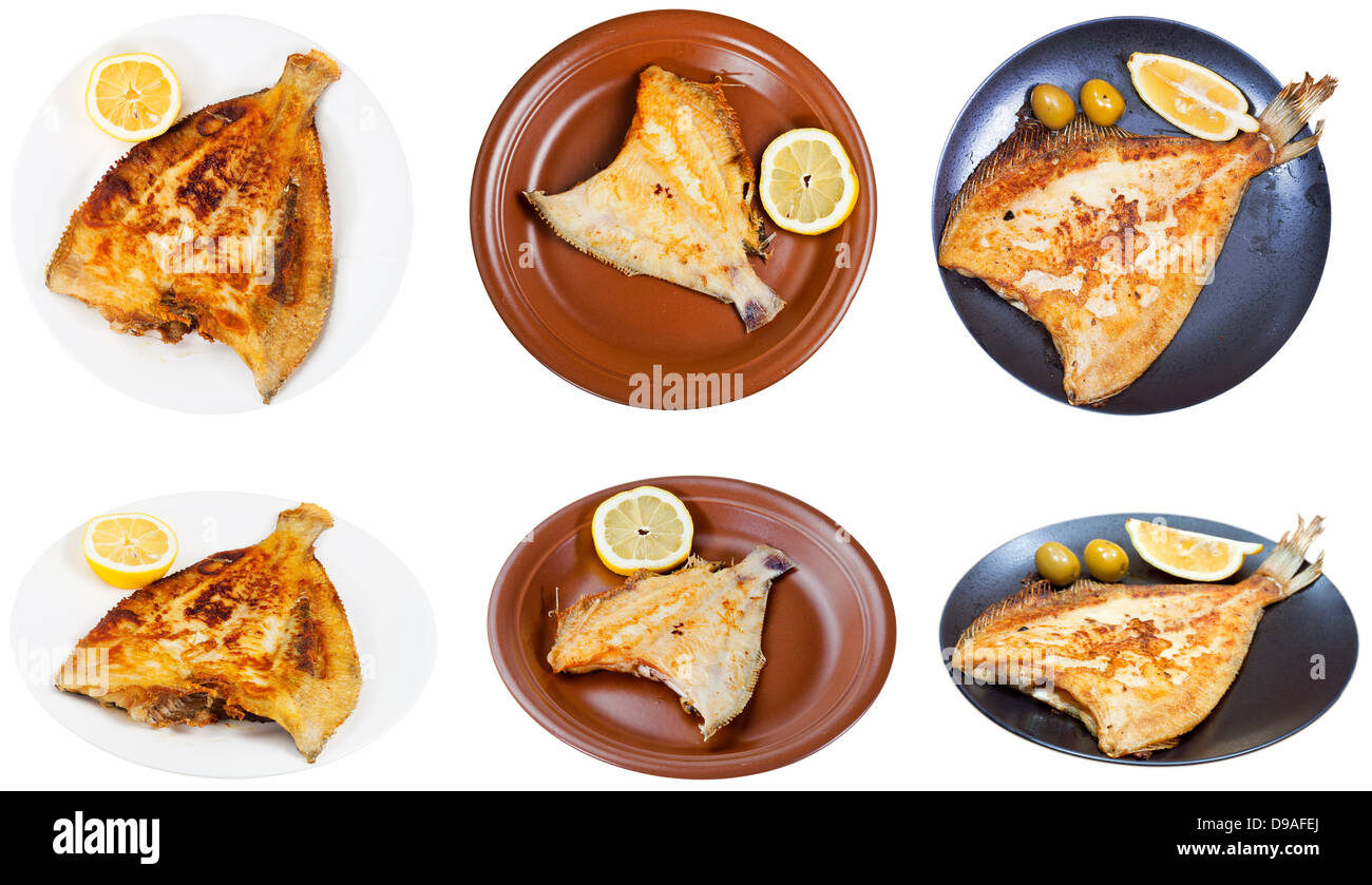 top view of fried sole fish on white plate isolated on white background ...