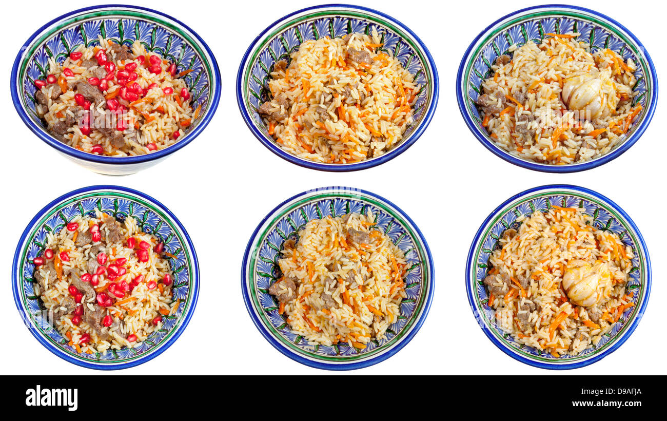 top view on traditional asian pilau in ceramic bowl isolated on white ...