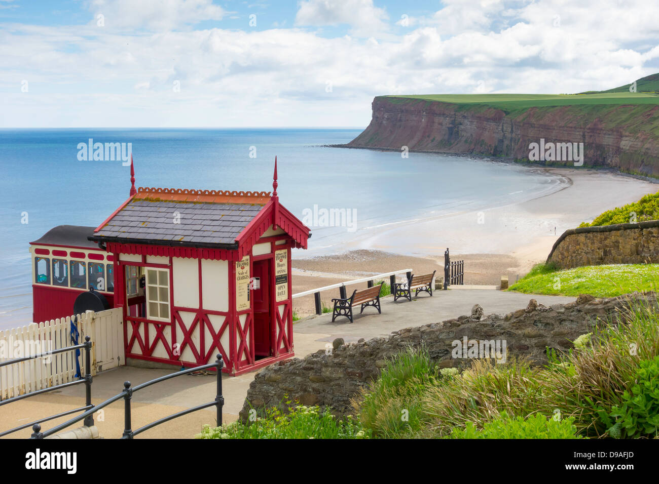 Saltburn historic cliff funicular tramway top station with Huntcliff in ...
