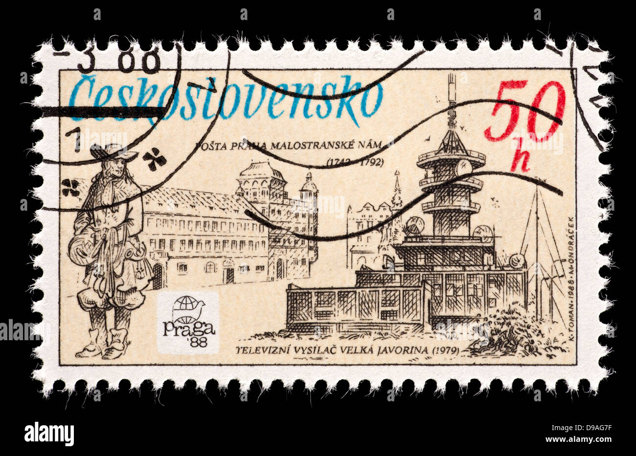 Postage stamp from Czechoslovakia depicting a postman and Malostranske ...