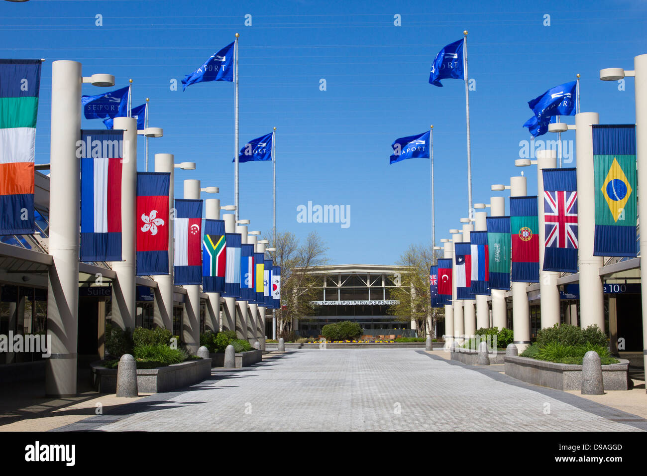 International flags lining entrance to Seaport World Trade Center in ...