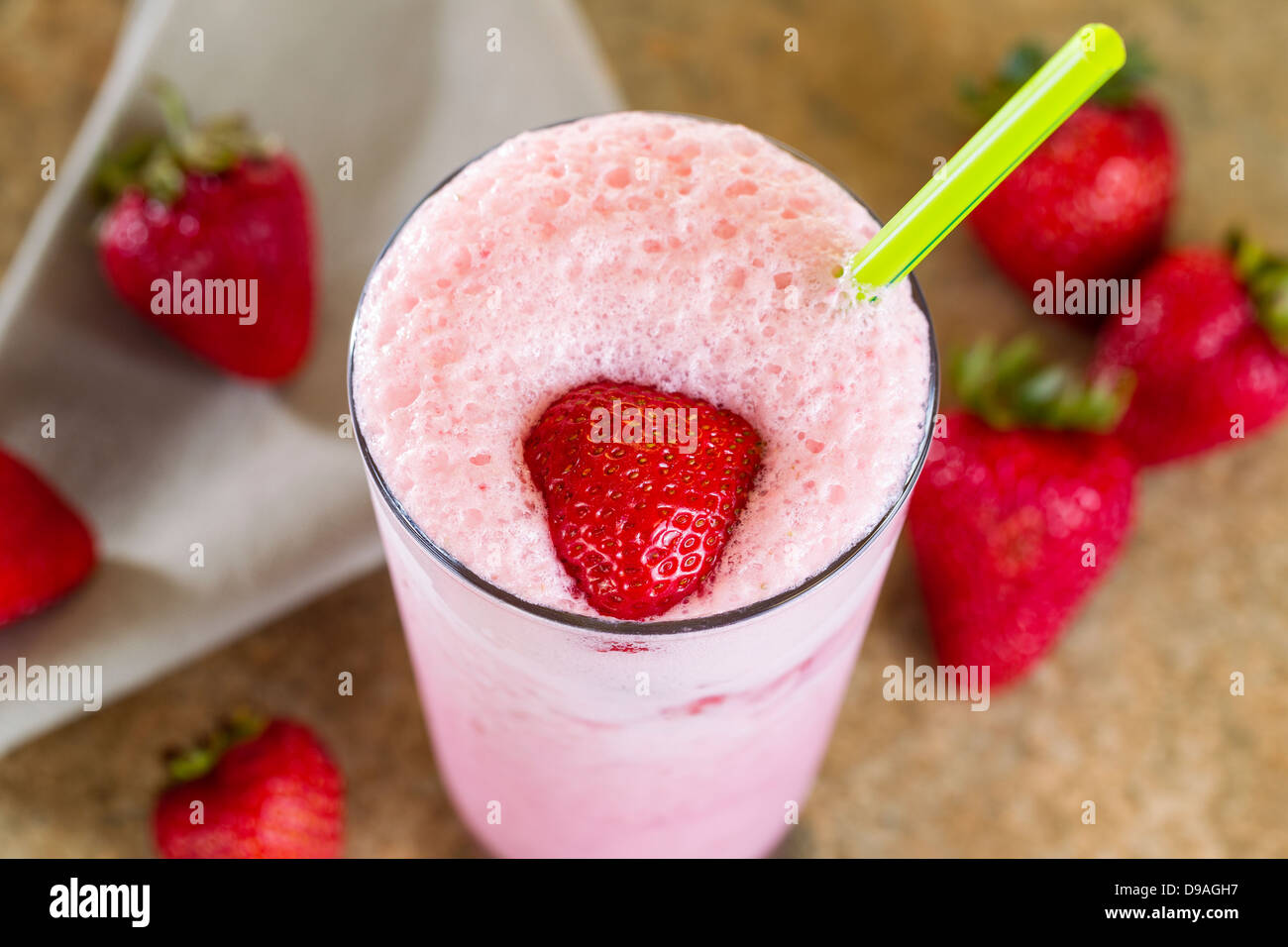 Closeup top view horizontal photo of fresh strawberry milkshake, super ...