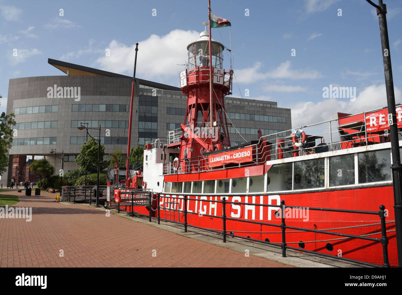 Cardiff Bay quayside Helwick Lightship moored at waterfront in Cardiff ...