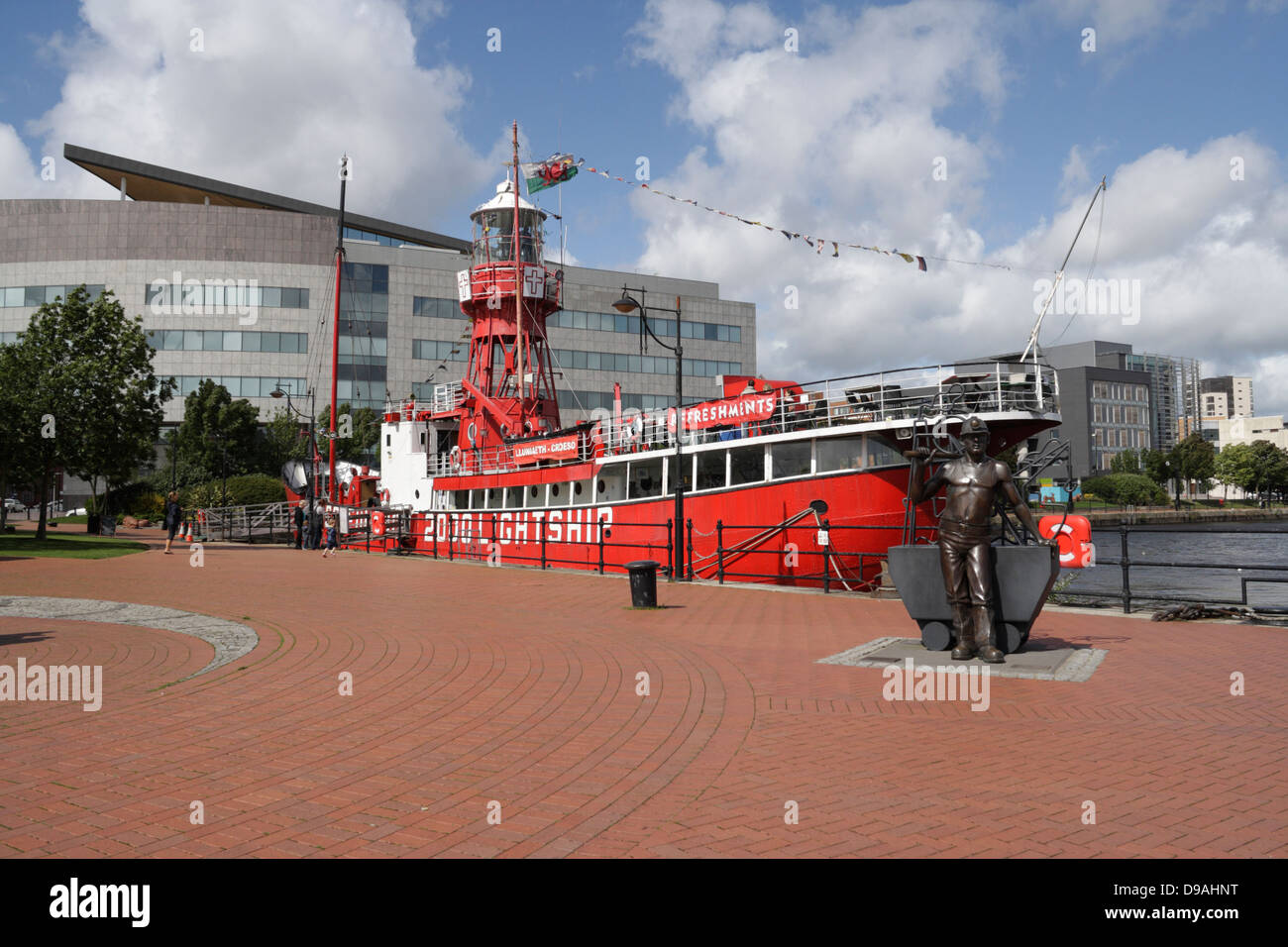 Cardiff Bay quayside Helwick Lightship moored at waterfront in Cardiff ...